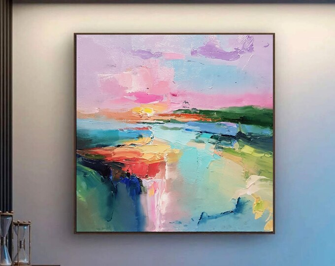 Lake Abstract Landscape, Large Original Oil Painting on Canvas, Modern ...