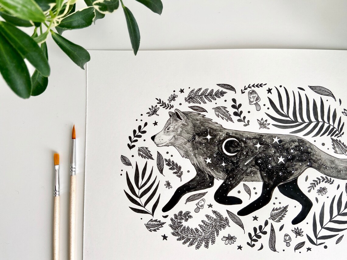 Wolf Original Illustration, Wolf Wall Art, Wolf Original Drawing, the ...