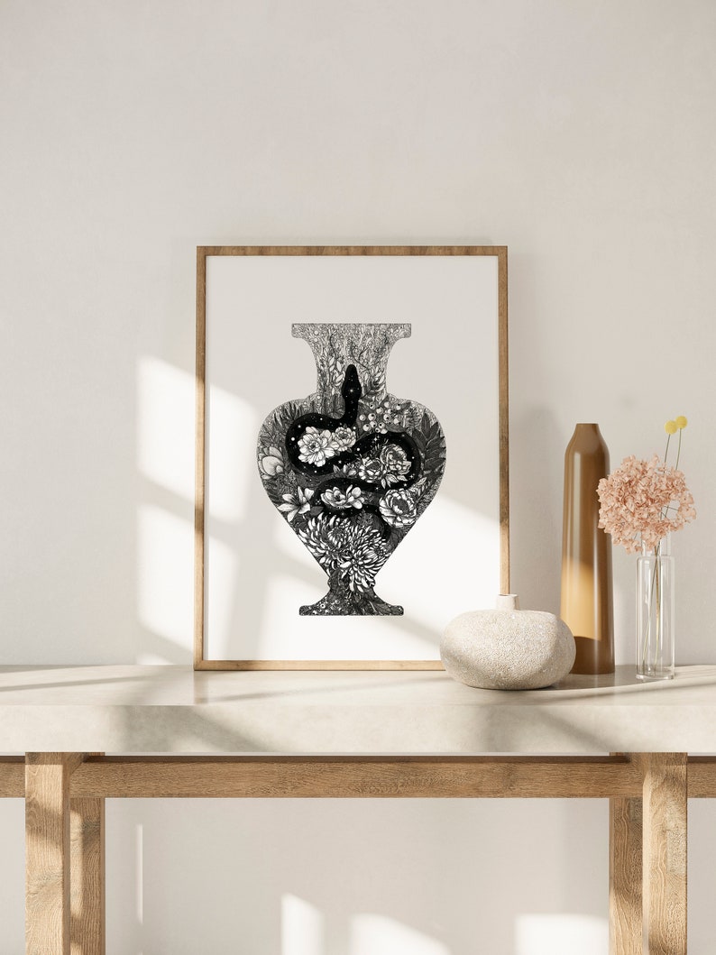 Greek Vase Print | Snake Flower Art | Floral Snake Print | Mystical ...
