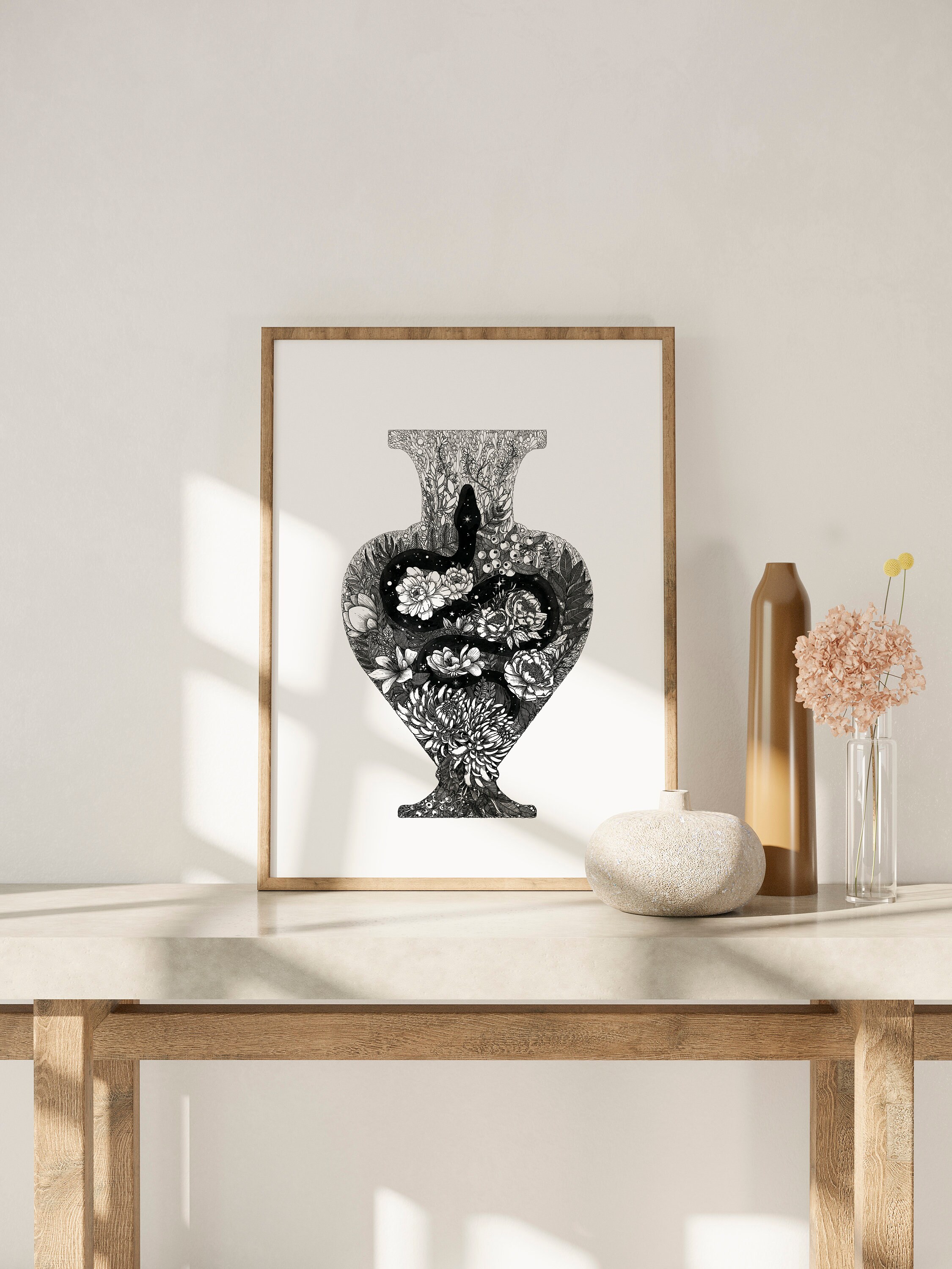 Greek Vase Print | Snake Flower Art | Floral Snake Print | Mystical ...