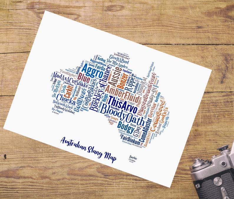 Australian Slang Map Word Cloud Art, FREE GIFT Funny Australia Phrases ...