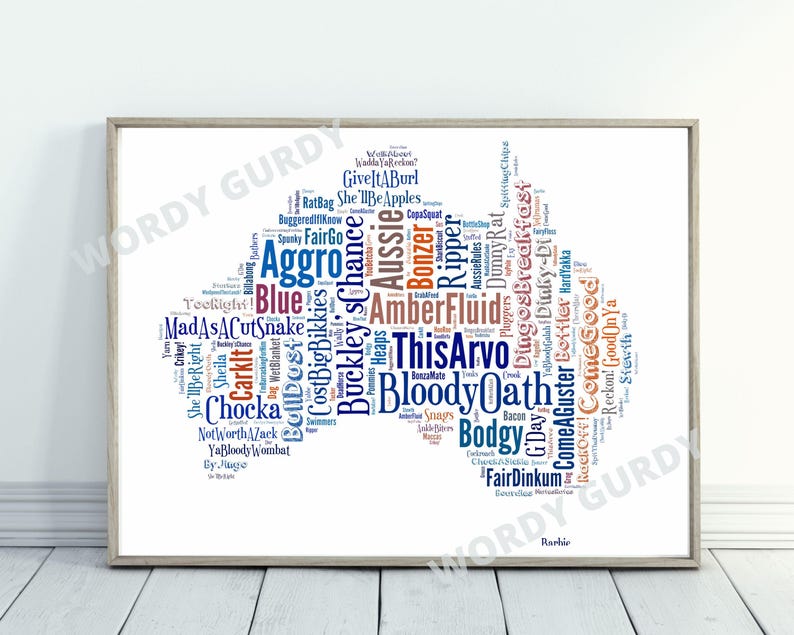 Australian Slang Map Word Cloud Art, Funny Australia Phrases Poster ...