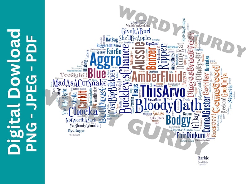 Australian Slang Map Digital Download Print at Home Word Cloud Art ...