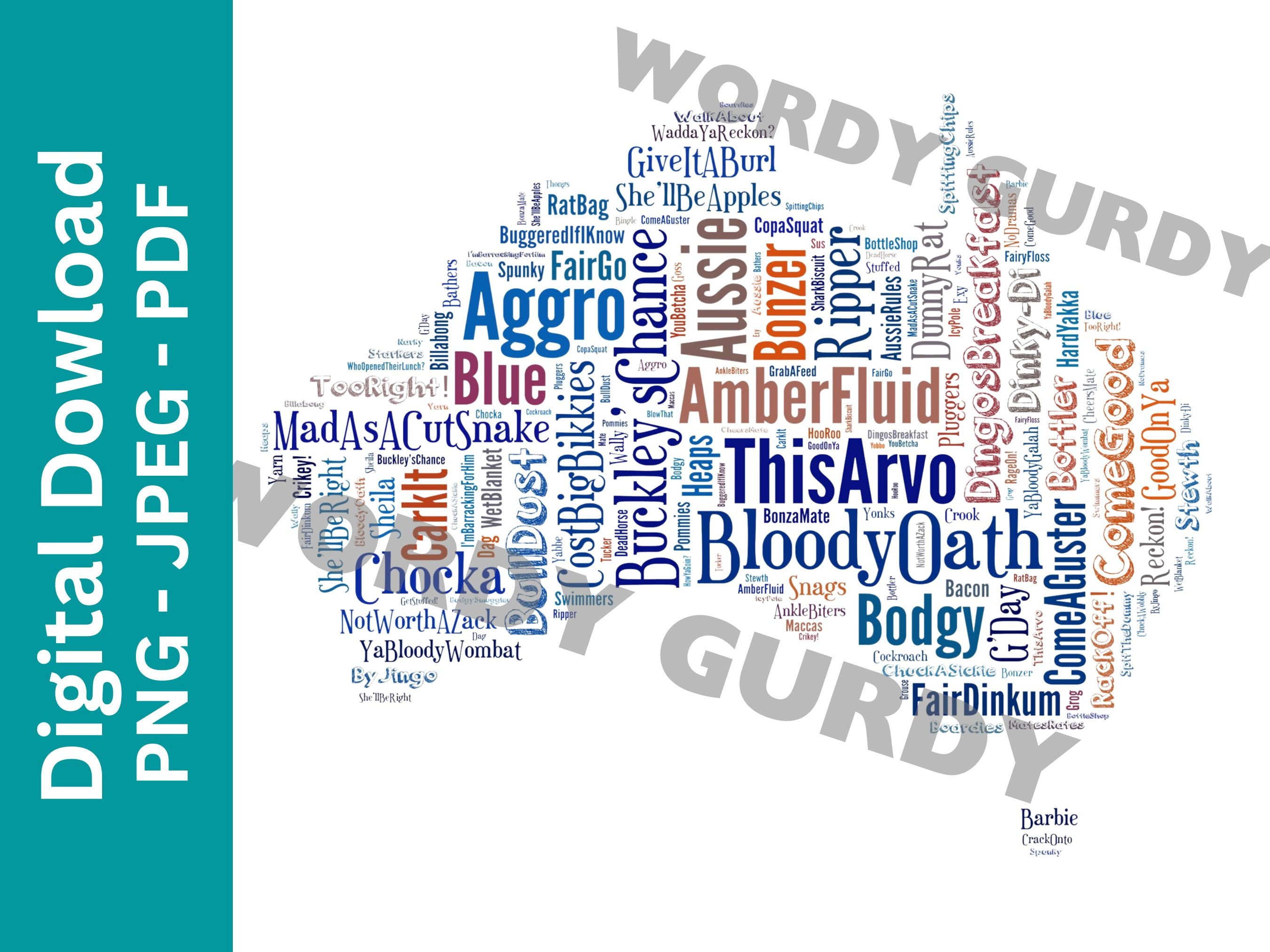 Australian Slang Map Digital Download Print at Home Word Cloud Art ...