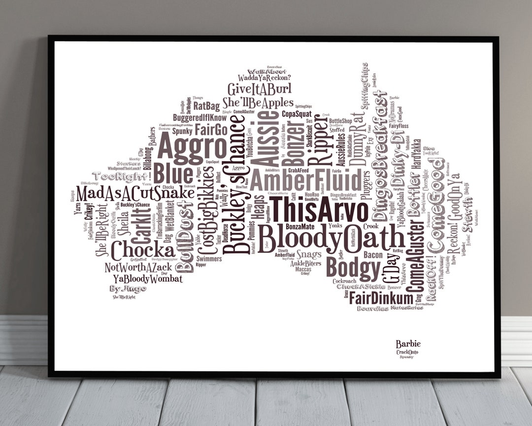 Australian Slang Map Word Cloud Art, FREE GIFT! Funny Australia Phrases ...