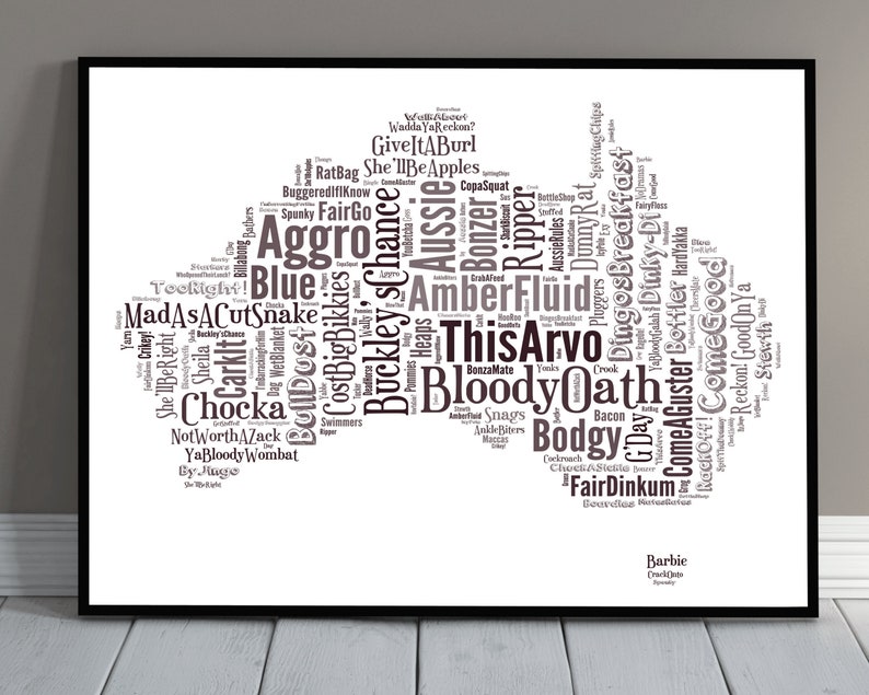 Australian Slang Map Word Cloud Art, FREE GIFT Funny Australia Phrases ...