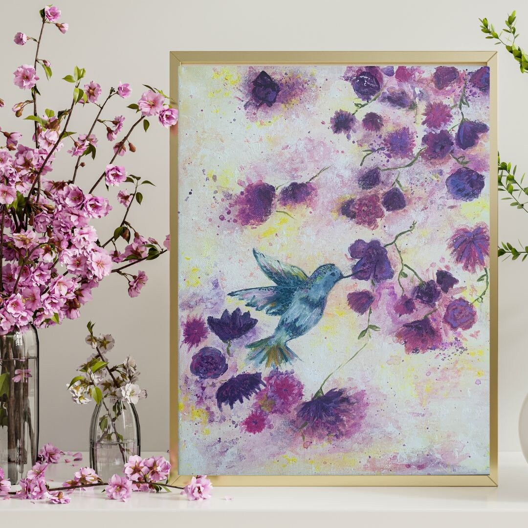 Humming Bird and Flowers Painting, Nature Painting, Home Decor Florals ...
