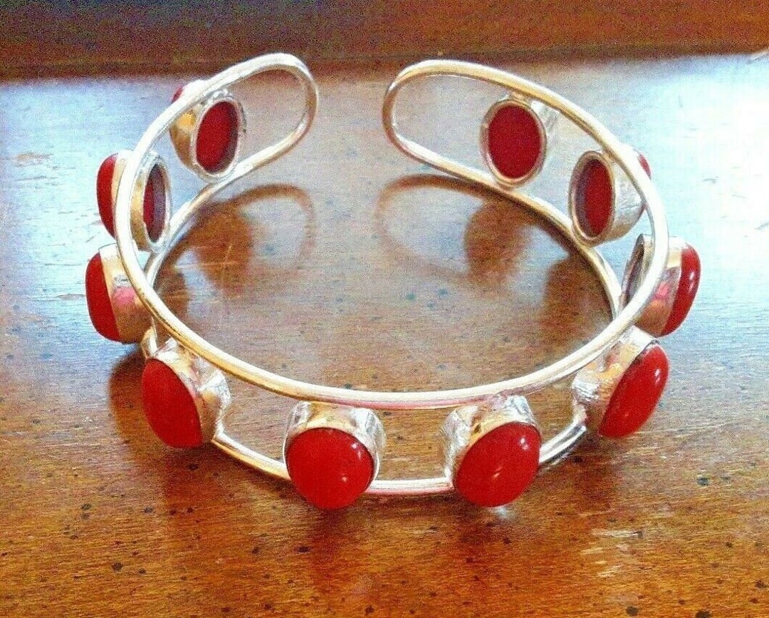 Coral Gemstone 10 Stones 925 STERLING SILVER BRACELET Cuff Bangle ...
