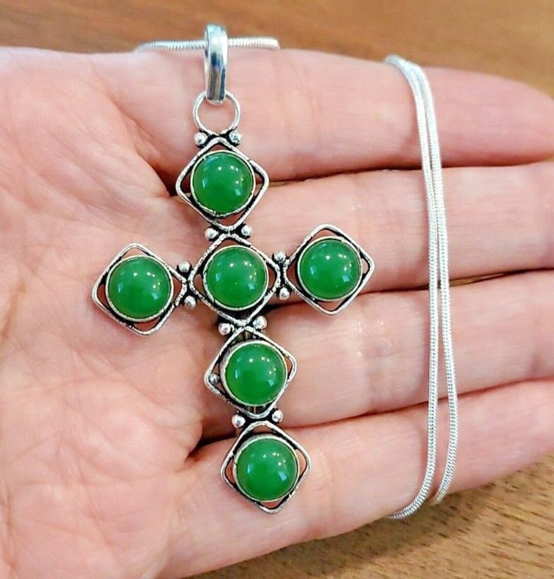 Jade Jadeite Gemstone CROSS 925 Sterling Silver Pendant & 18" Necklace ...