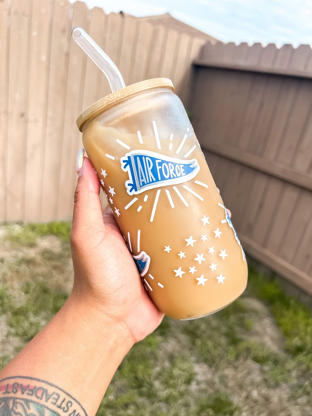 Air Force Pennant Retro Style Glass Can With Bamboo Lid & Glass Straw ...