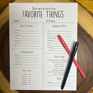 Favorite Things Questionnaire: Get to Know You Survey (digital Download ...