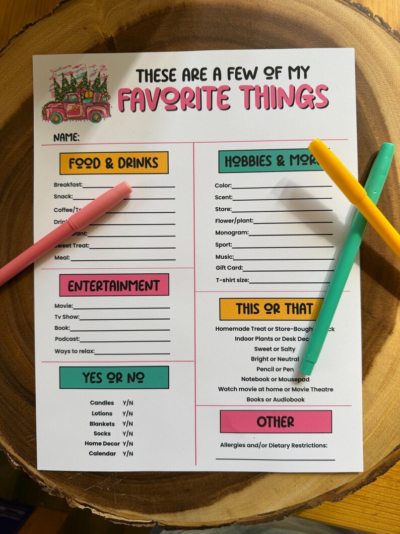 BUNDLE Favorite Things Questionnaire: 2 Different Color Options - Get ...