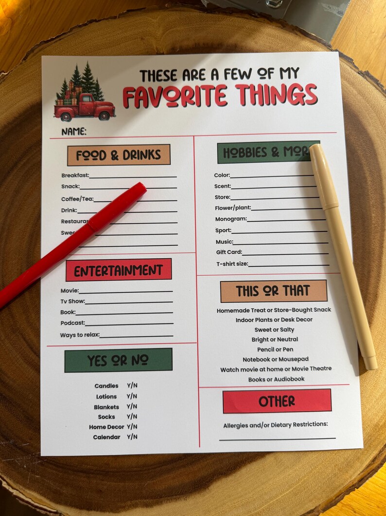 BUNDLE Favorite Things Questionnaire: 2 Different Color Options - Get ...