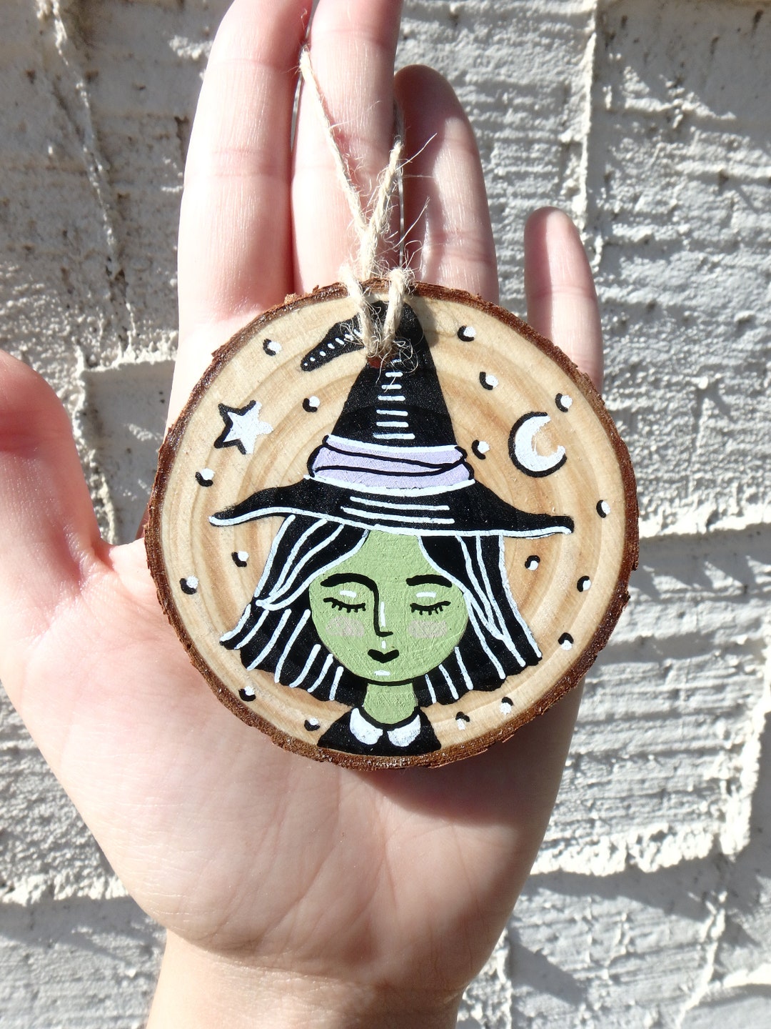 3.25 in Spooky Cute Witch Tree Ornament Hand Painted Small Wood Slice ...