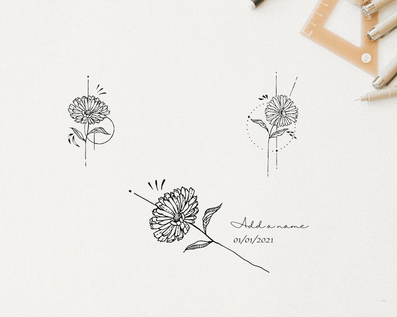 Calendula Tattoo, Flower Tattoo With Name and a Date for Instant ...