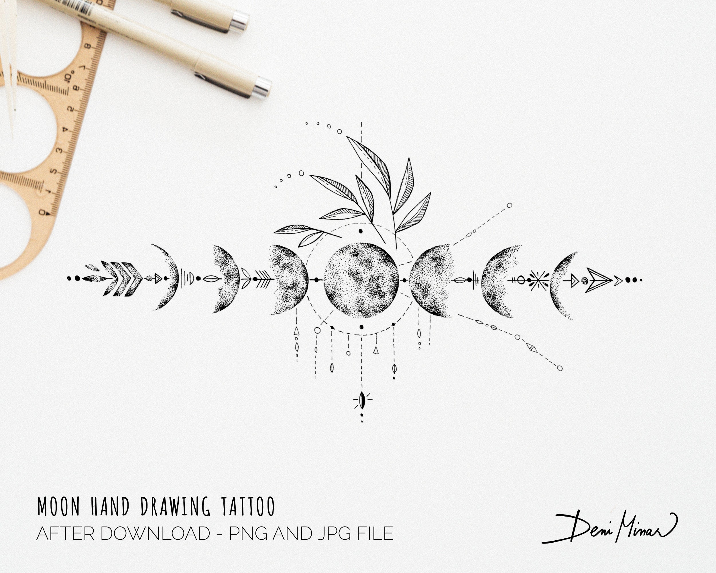 Moon phases tattoo drawing | Orangetattooshop.com
