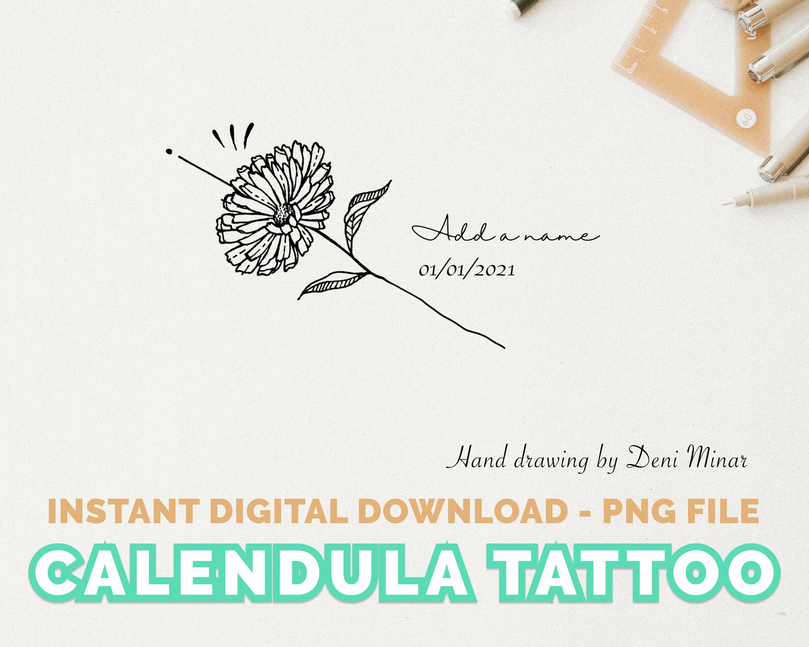 Calendula Tattoo, Flower Tattoo With Name and a Date for Instant ...
