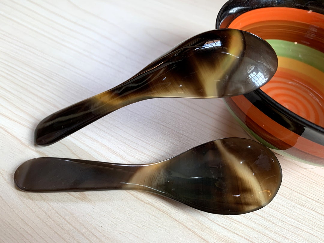 2 Short Handle Spoons, Buffalo Horn Miso Soup Spoon, Horn Miso Spoon ...