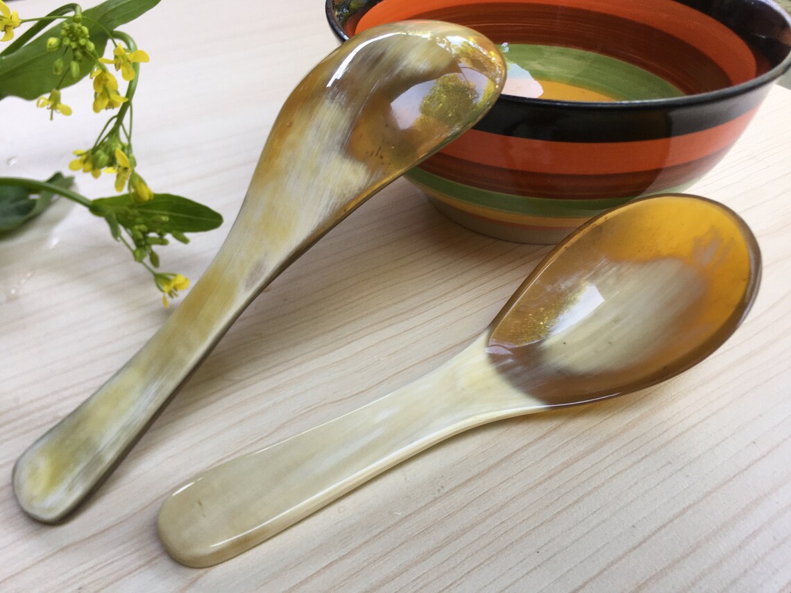 2 Short Handle Spoons, Buffalo Horn Miso Soup Spoon, Horn Miso Spoon ...