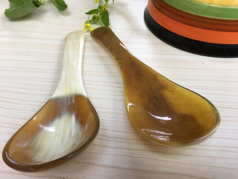 2 Short Handle Spoons, Buffalo Horn Miso Soup Spoon, Horn Miso Spoon ...