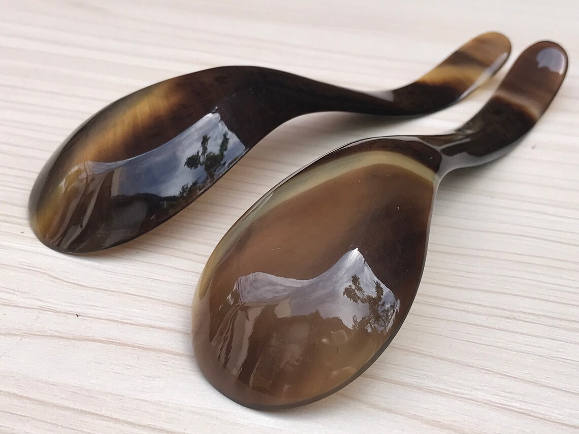 2 Short Handle Spoons, Buffalo Horn Miso Soup Spoon, Horn Miso Spoon ...