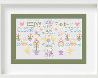 Happy Easter Cross Stitch Pattern, Easter Cake Stand Sampler, Spring ...