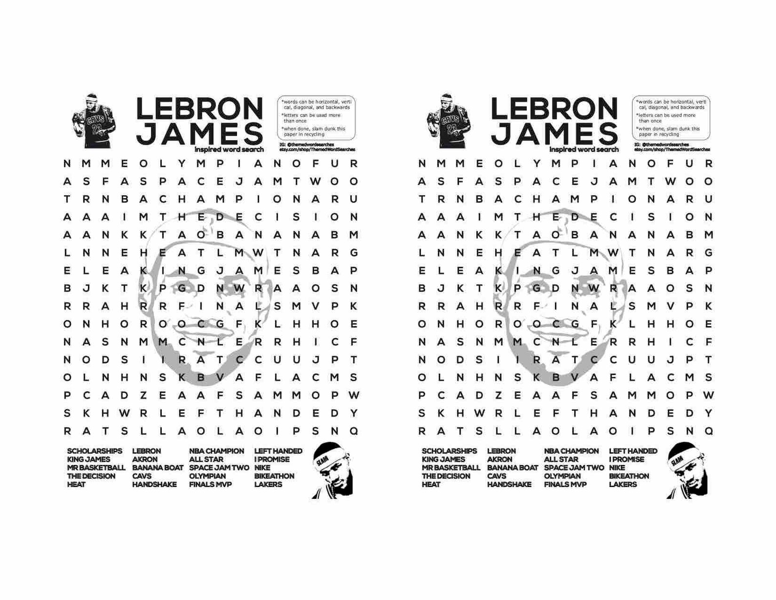 Lebron James Inspired Word Search (lakers Champion) - Instant Digital ...