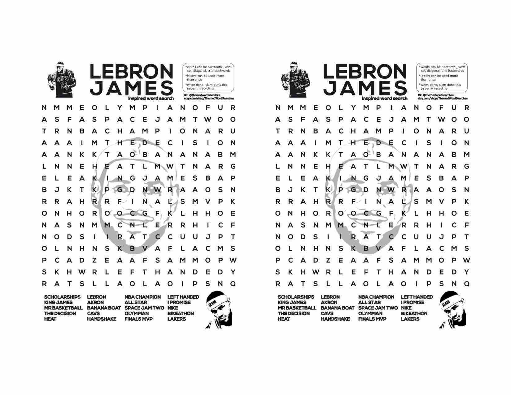 Lebron James Inspired Word Search (lakers Champion) - Instant Digital ...
