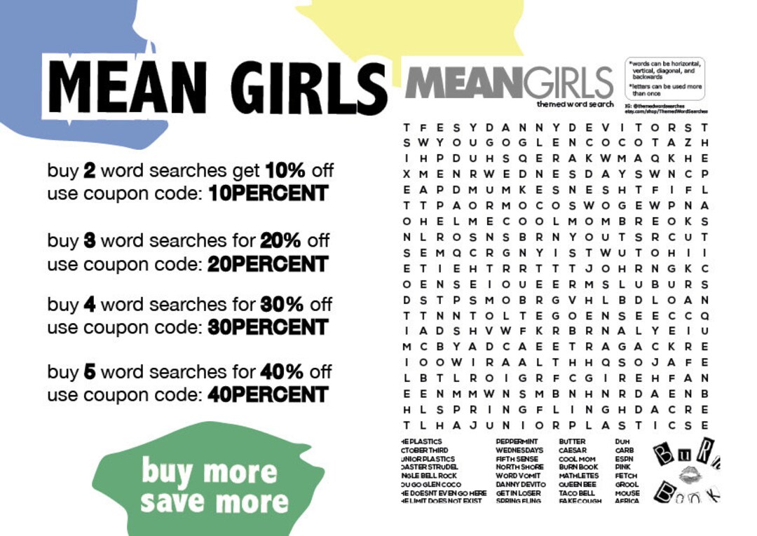 Mean Girls Inspired Word Search - Instant Digital Download Game PDF ...