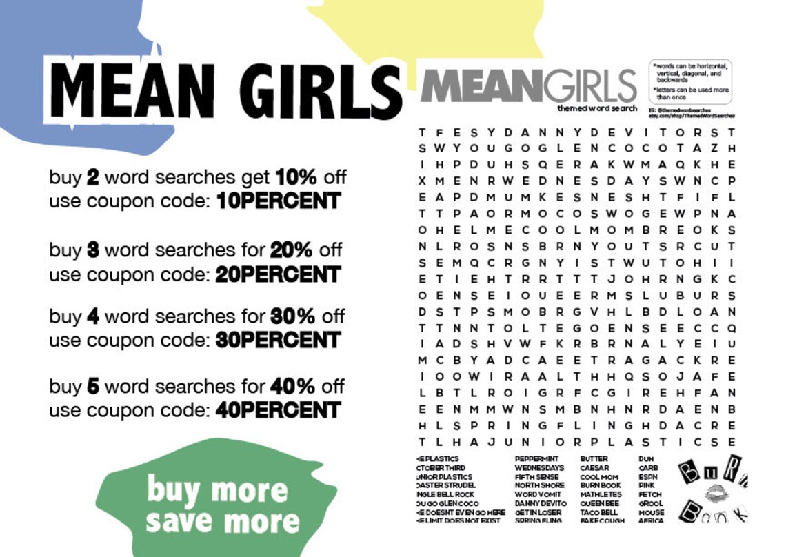Mean Girls Inspired Word Search - Instant Digital Download Game PDF ...
