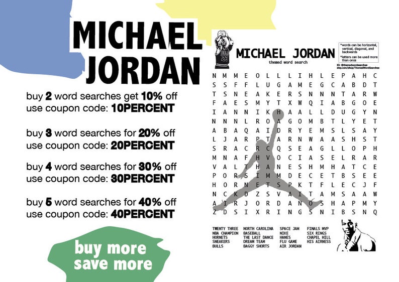 Michael Jordan Inspired Word Search - Instant Digital Download Game PDF ...