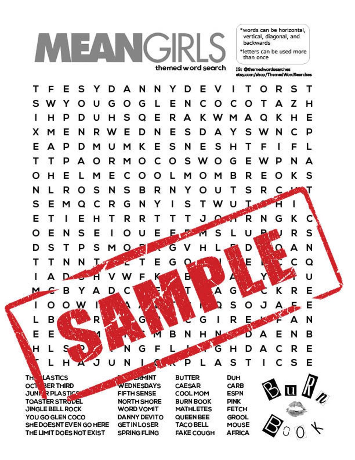 Mean Girls Inspired Word Search - Instant Digital Download Game PDF ...