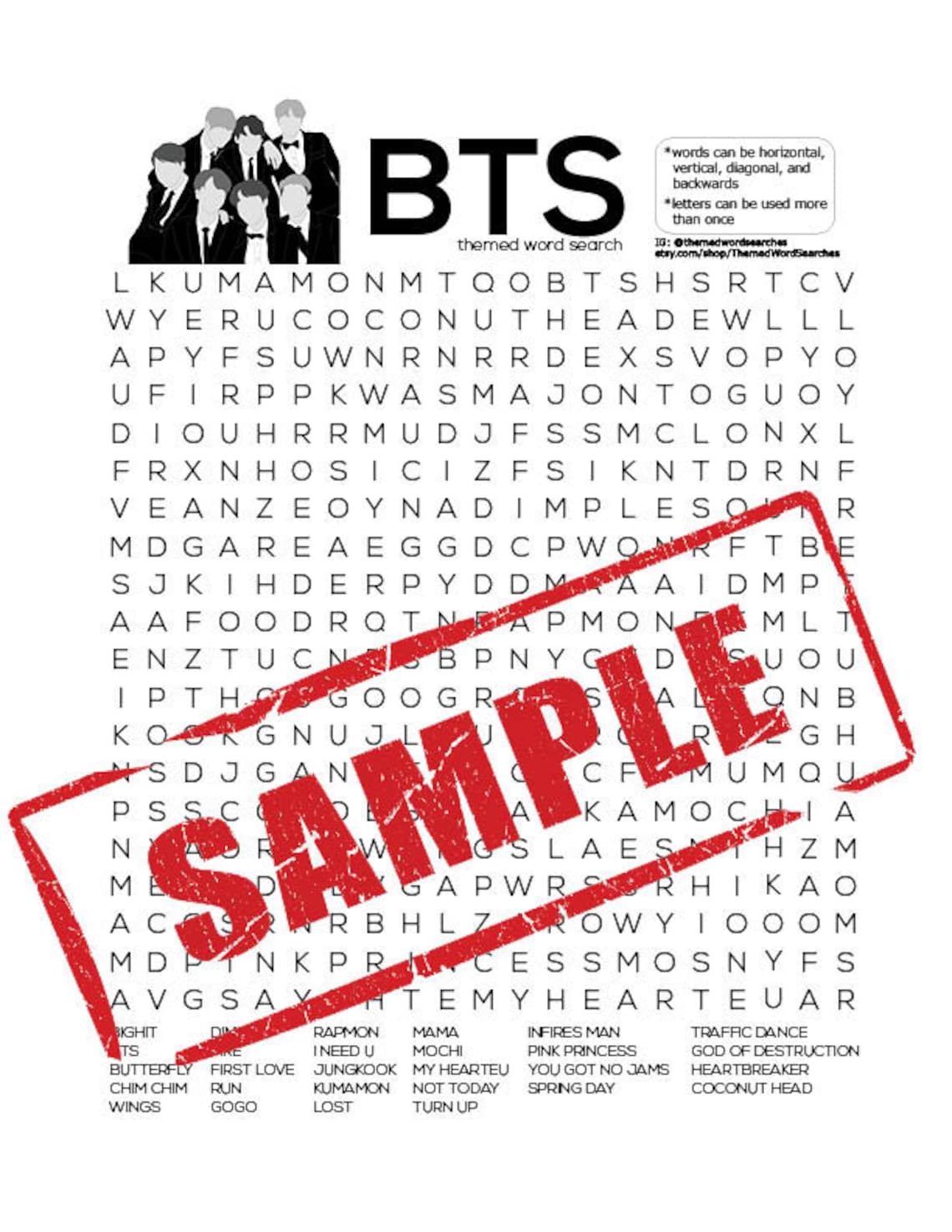 BTS Inspired Word Searches 2 Pack - Set of 2 Different Word Searches ...