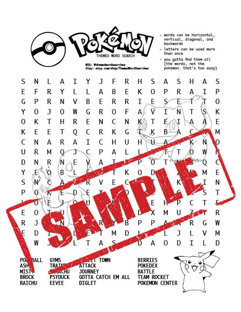 Pokemon Inspired Word Search - Instant Digital Download Game PDF ...