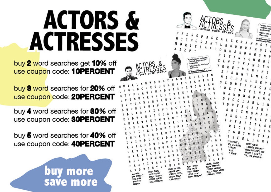 Actors and Actresses (recent) Inspired Word Searches 2 Pack - Set of 2 ...