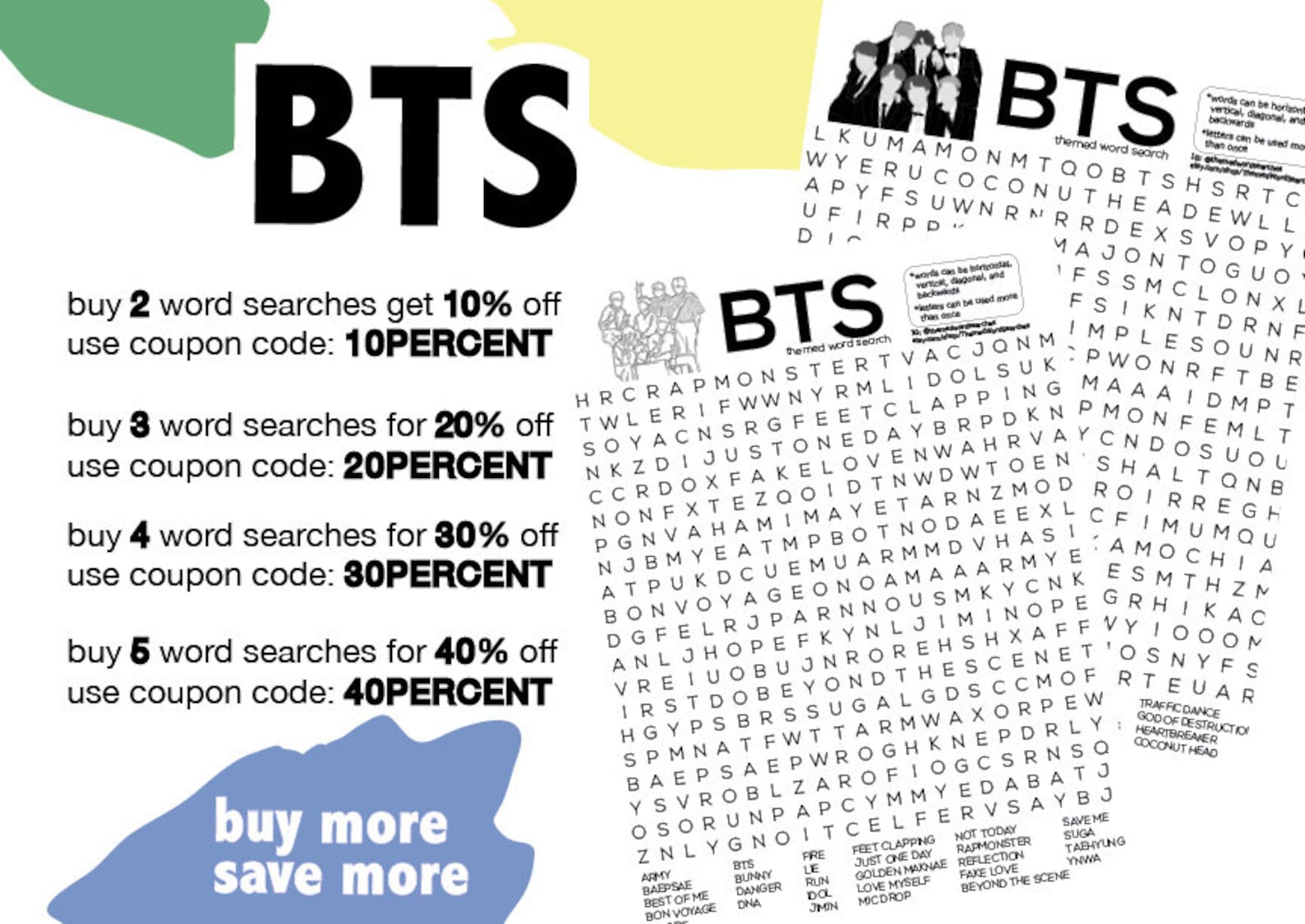 BTS Inspired Word Searches 2 Pack - Set of 2 Different Word Searches ...