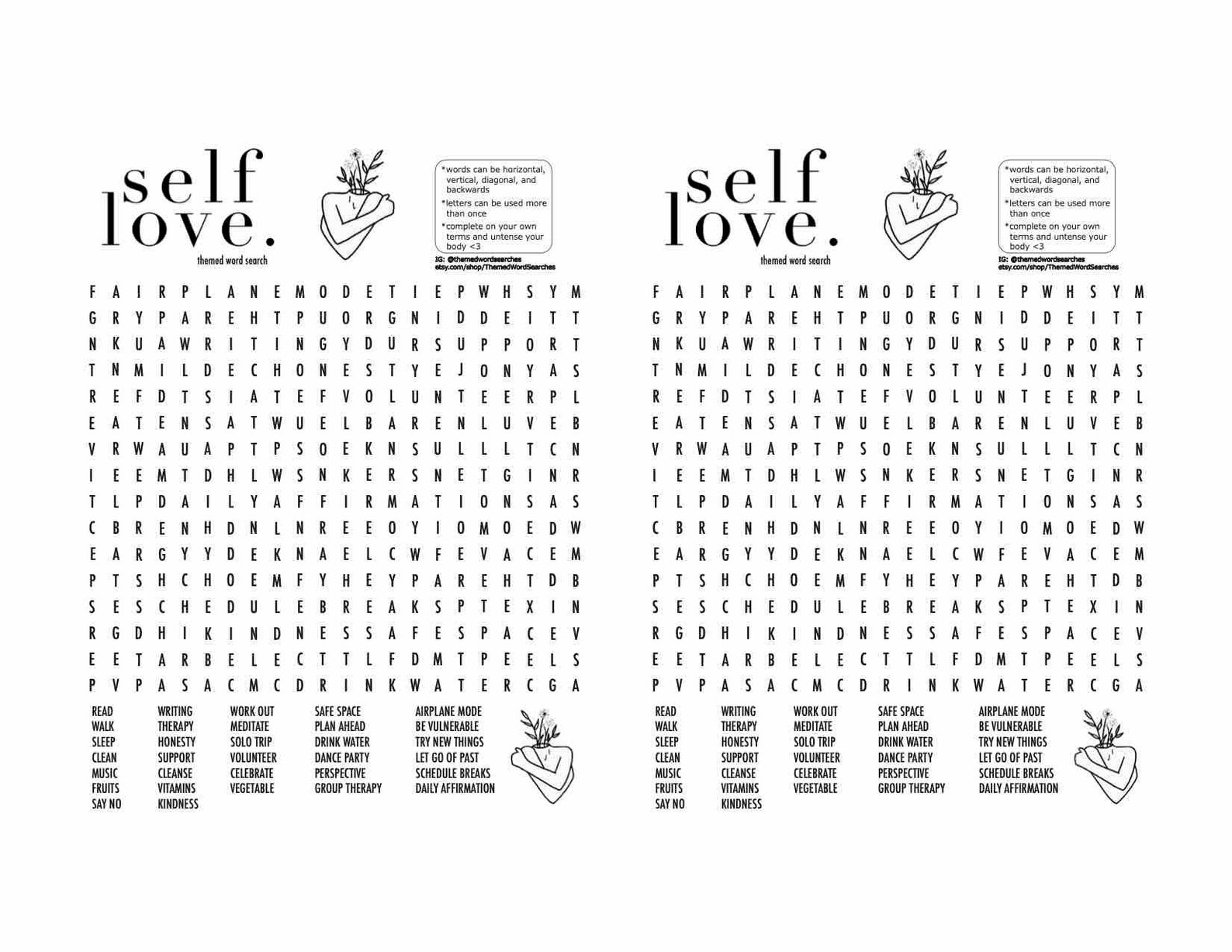 Self Love and Self Care Inspired Word Search Set of 2 | Etsy