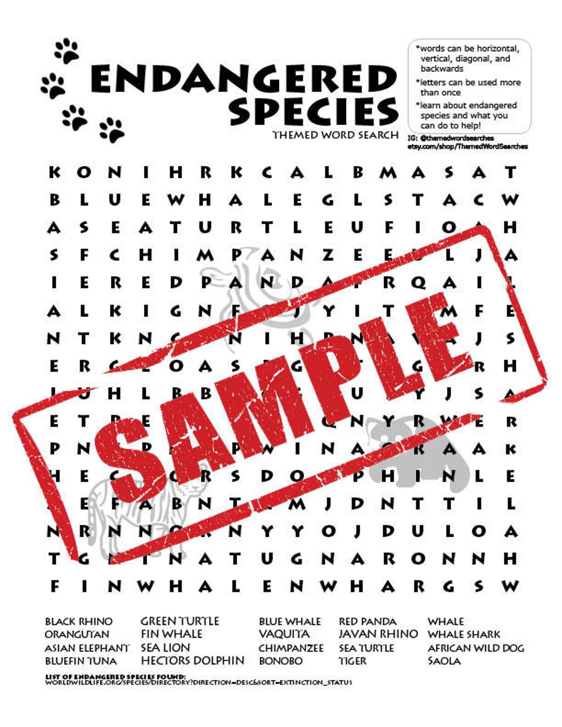 Endangered Species Word Search Instant Digital Download Game | Etsy
