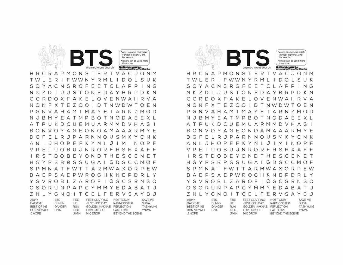 BTS Inspired Word Searches 2 Pack - Set of 2 Different Word Searches ...