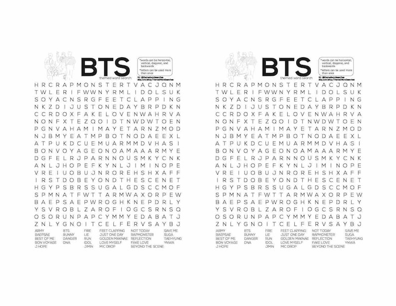 BTS Inspired Word Searches 2 Pack - Set of 2 Different Word Searches ...