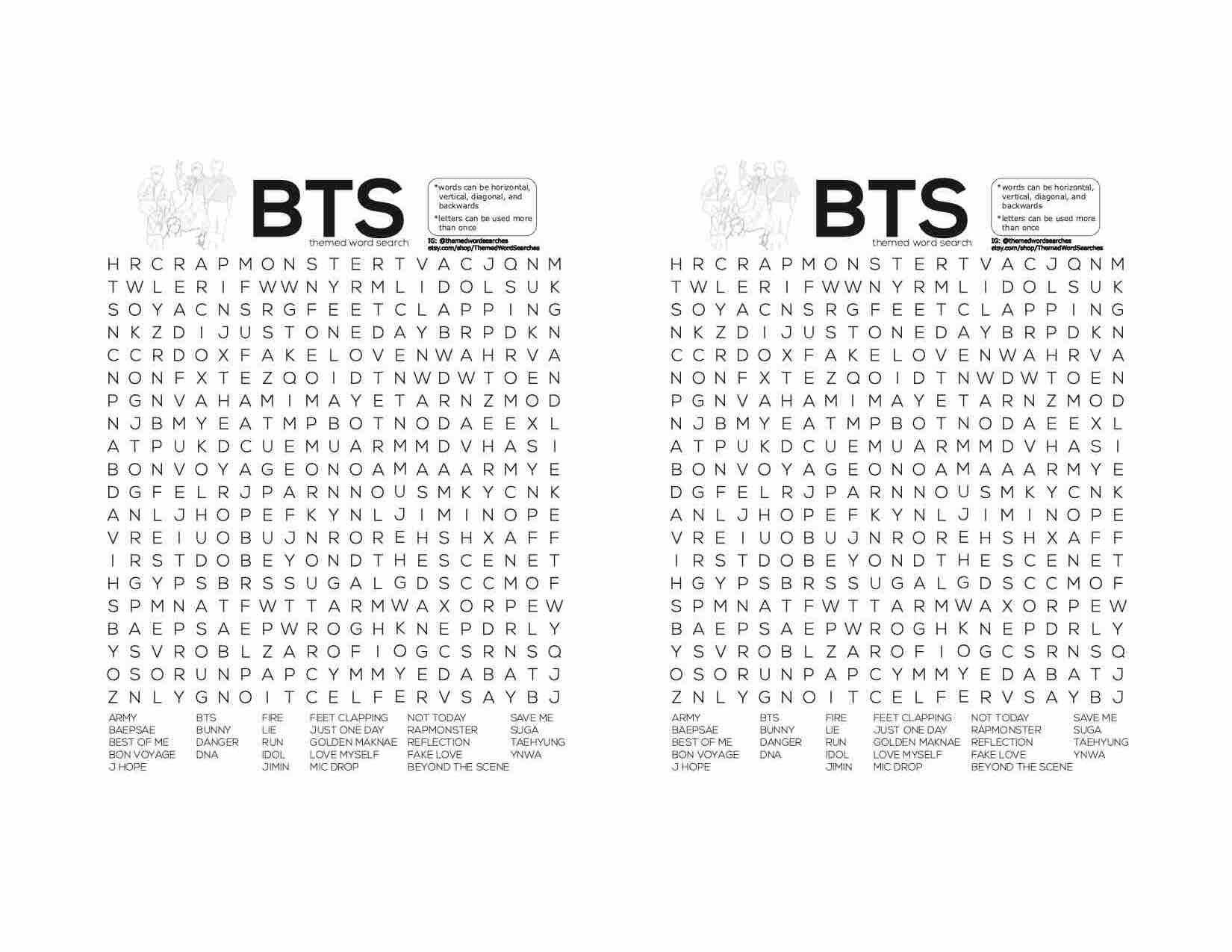 BTS Inspired Word Searches 2 Pack - Set of 2 Different Word Searches ...