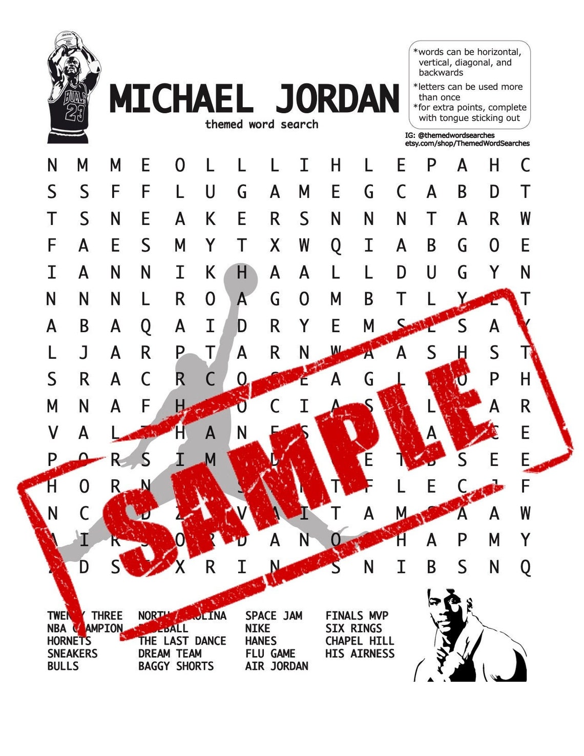 Michael Jordan Inspired Word Search - Instant Digital Download Game PDF ...