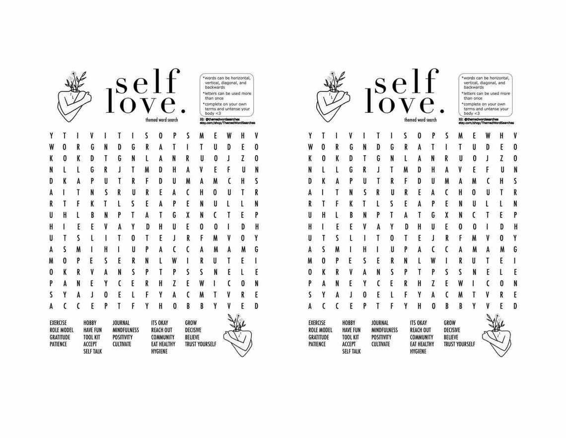 Self Love and Self Care Inspired Word Search Set of 2 | Etsy