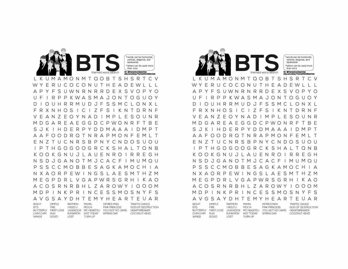 BTS Inspired Word Searches 2 Pack - Set of 2 Different Word Searches ...