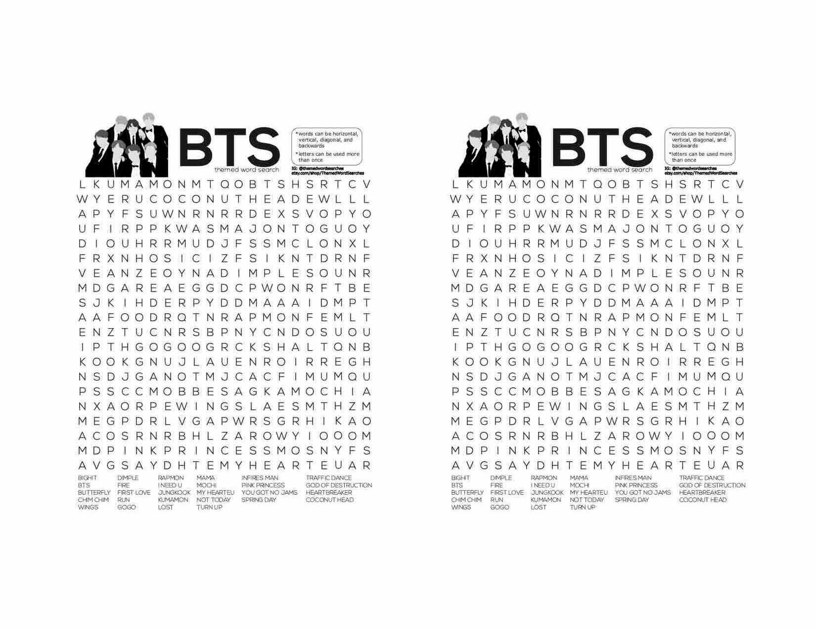 BTS Inspired Word Searches 2 Pack - Set of 2 Different Word Searches ...