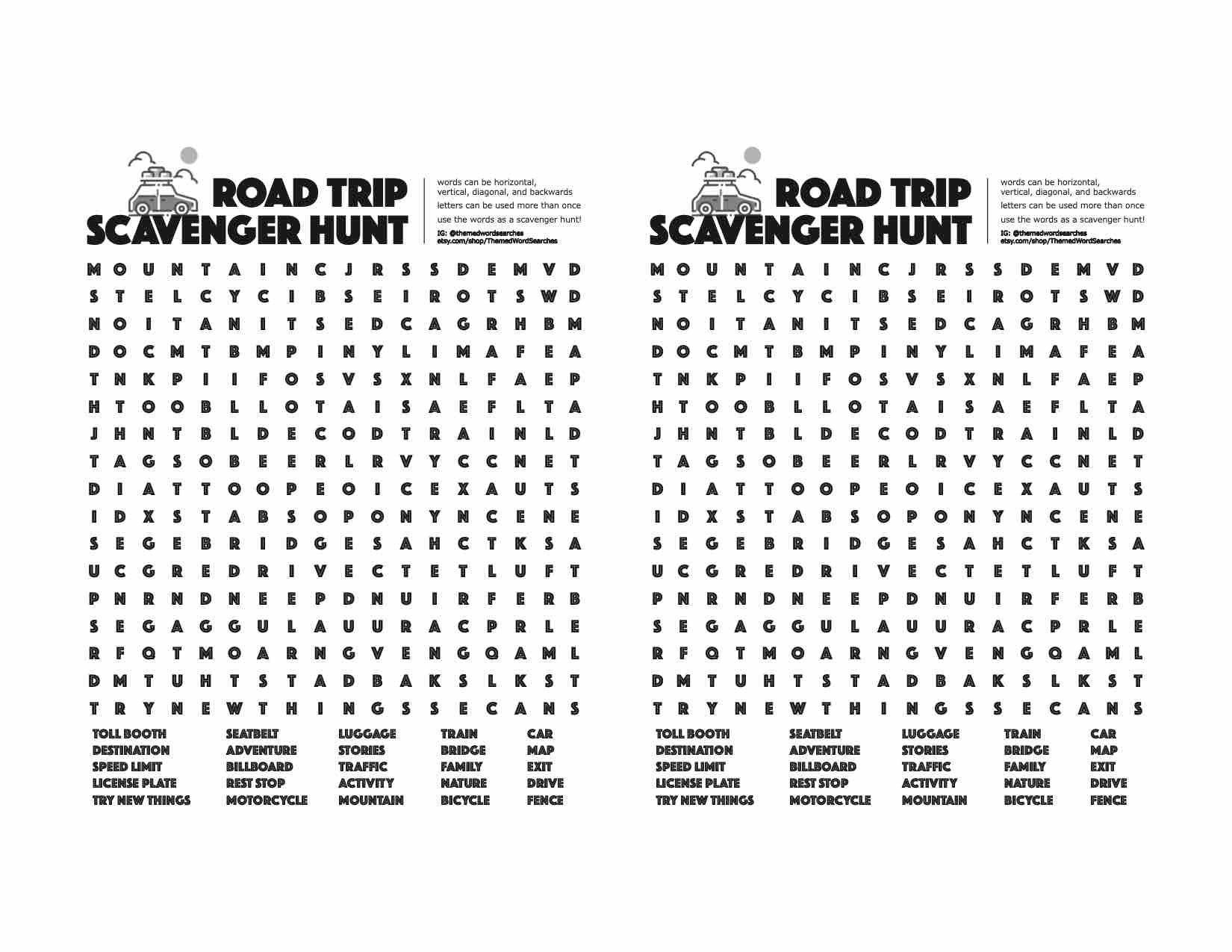 Road Trip Scavenger Hunt Word Searches 2 Pack Set of 2 Different Word ...