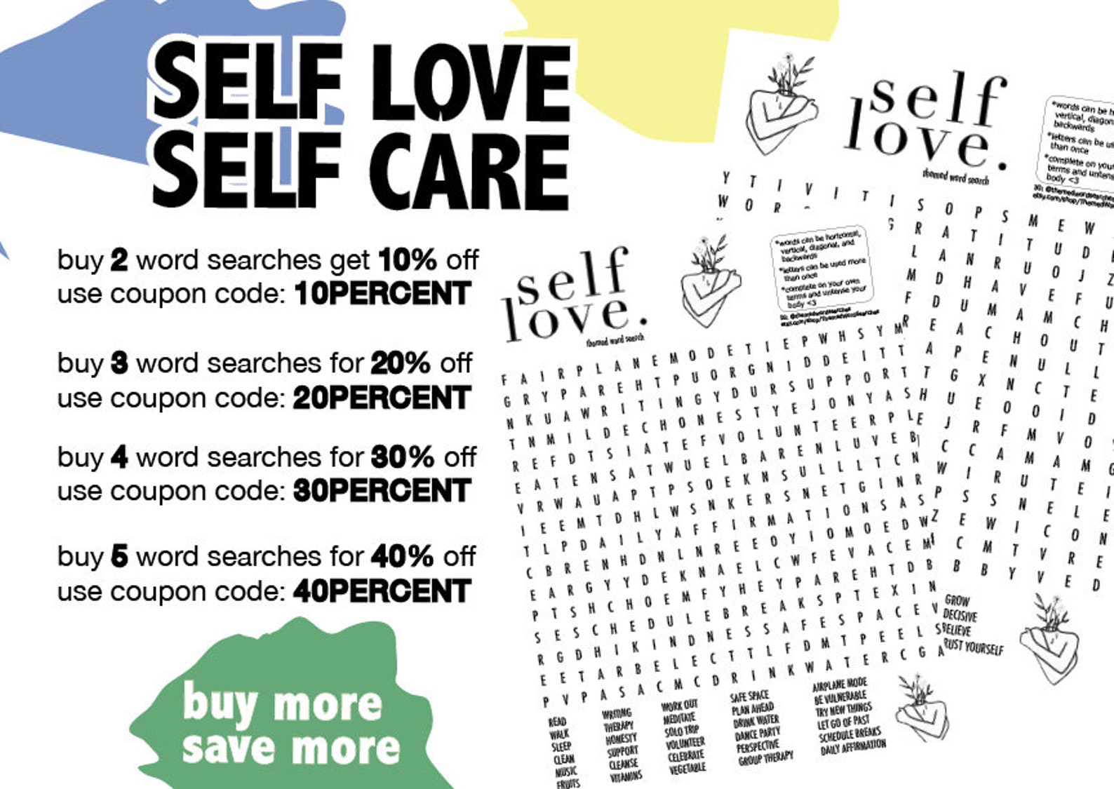 Self Love and Self Care Inspired Word Search Set of 2! - Instant ...