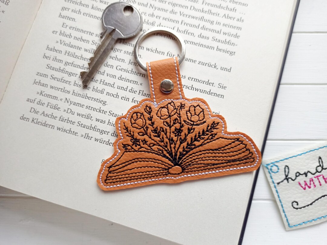 Keyring Book Embroidered on Imitation Leather Brown, Bag Pendant Gift ...