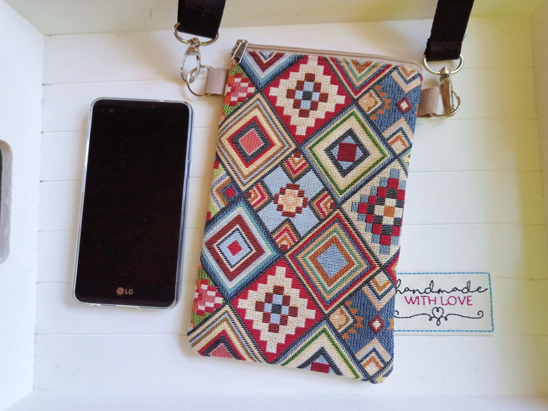 Cell Phone Bag to Hang Around Your Neck, Colorful Tile Tapestry Fabric ...