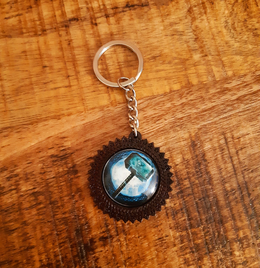 Thor's Hammer Keychain, Thor Marvel Glass Cabochon Key Ring, Cabochon ...